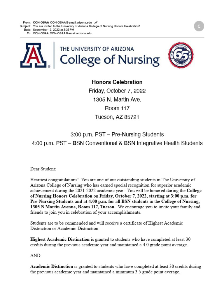 You Are Invited To The University of Arizona College of Nursing Honors ...
