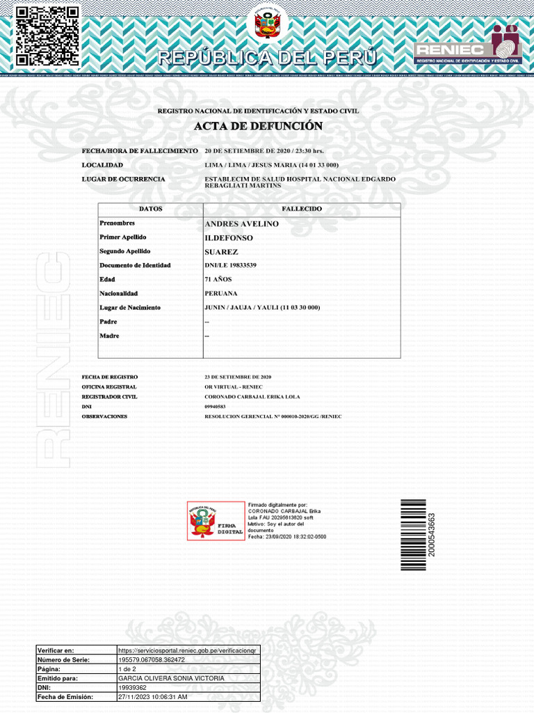 Acta Defunción Peru | Descargar gratis PDF | Gobierno y personalidad | Perú