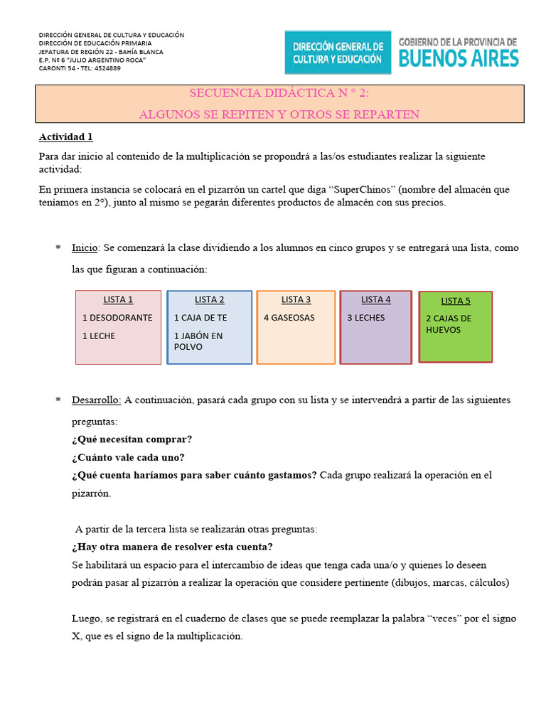 Actividades Multiplicación y División - Secuencia Diaria | PDF