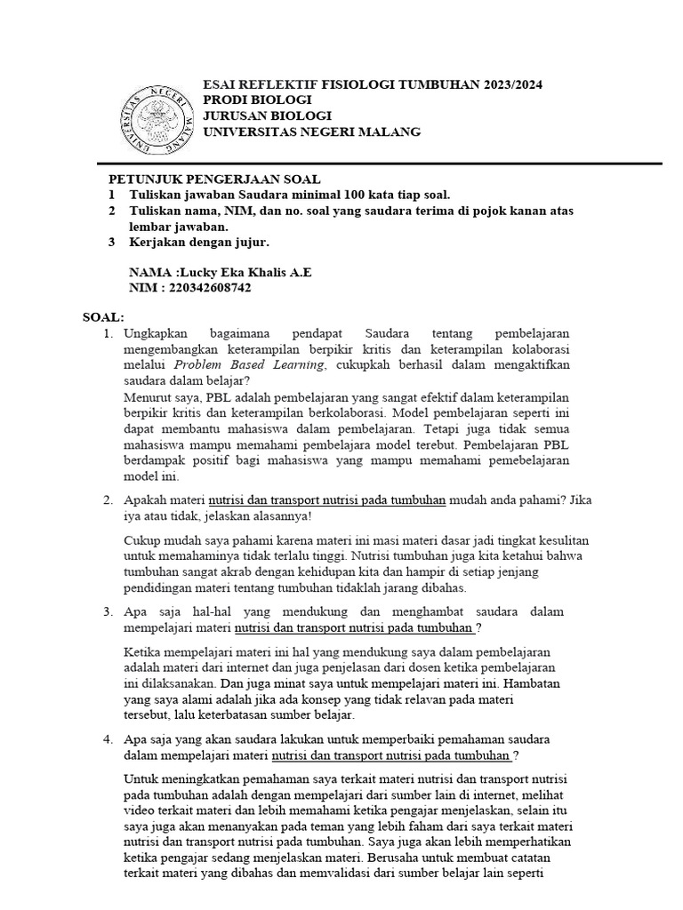 Esai Reflektif Fisiologi Tumbuhan Nutrisi & Transport Nutrisi Pada ...