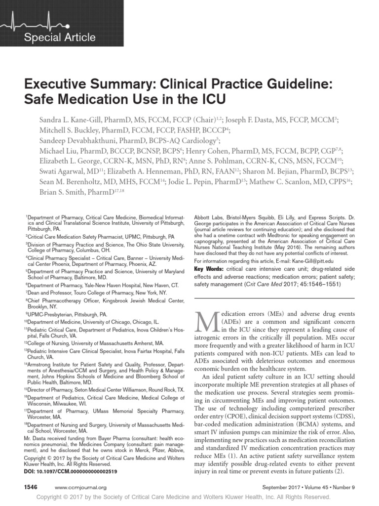 SCCM Clinical - Practice - Guideline Safe Medication Use in ICU | PDF