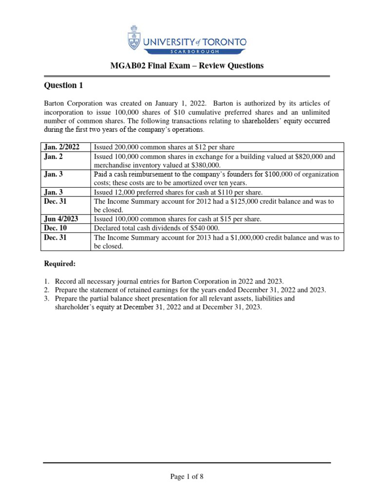 B02 Final Exam Review Questions | PDF | Dividend | Expense