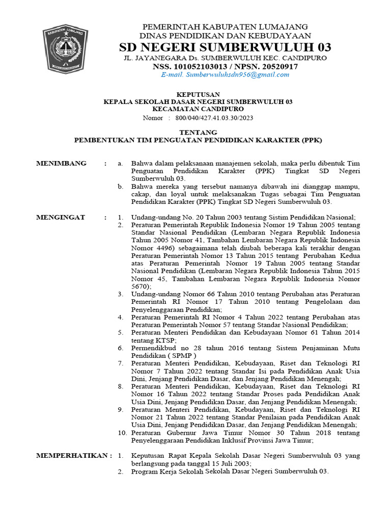 Pembentukan Tim PPK SD Sumberwuluh 03 | PDF