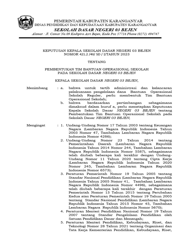 Pembentukan Tim BOS SDN 03 Bejen | PDF