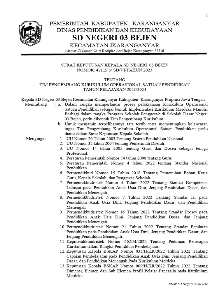 Siti Khanifah - SK TIM Pengembang KOSP Kurikulum Merdeka Mandiri Berbagi | PDF