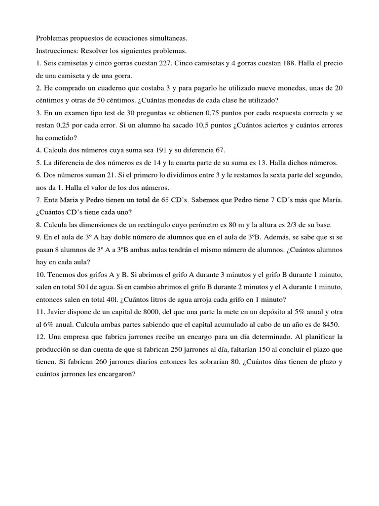 Problemas Propuestos de Ecuaciones Simultaneas | PDF