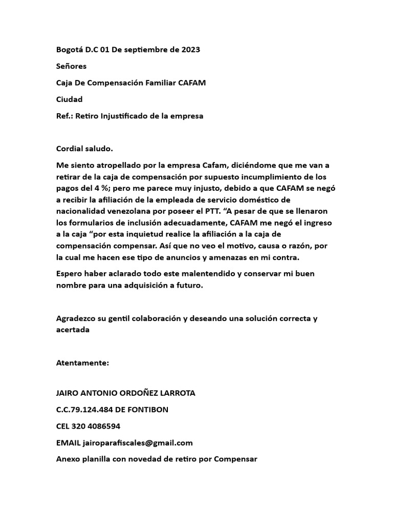 Nueva Carta de Solicitud A Cafam | PDF