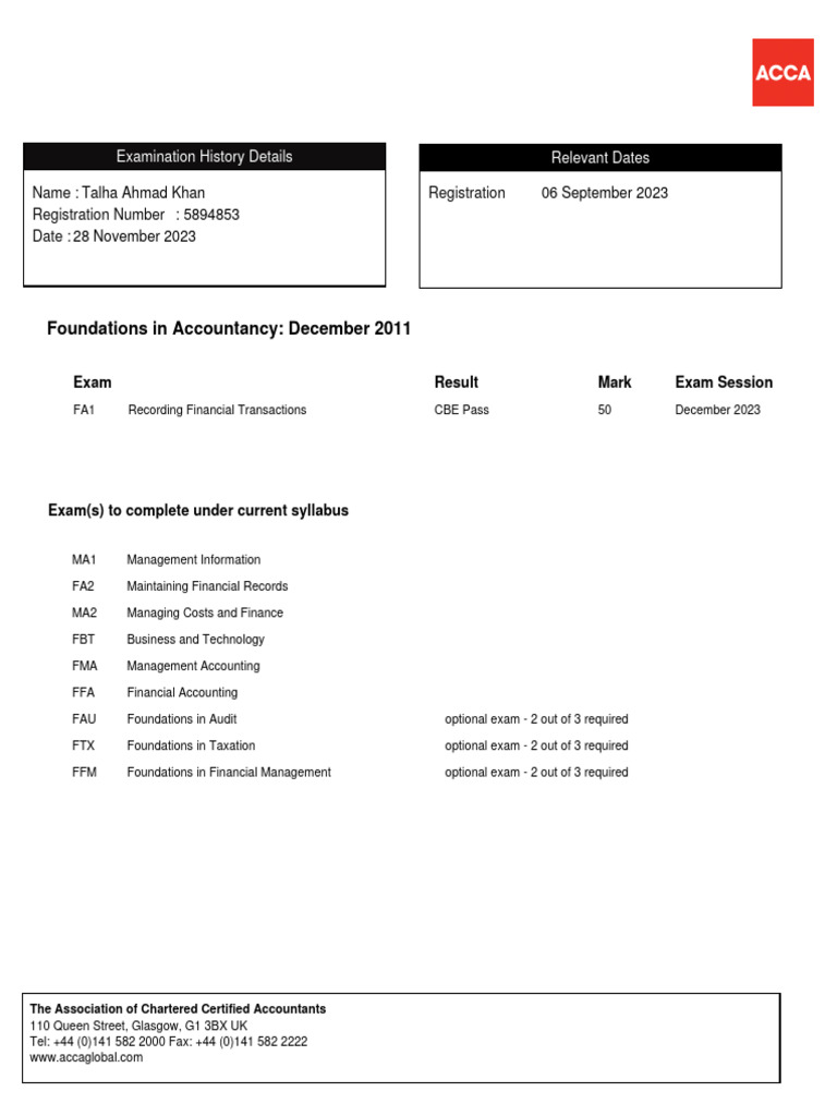 ACCA Exam Results and Syllabus Overview | PDF
