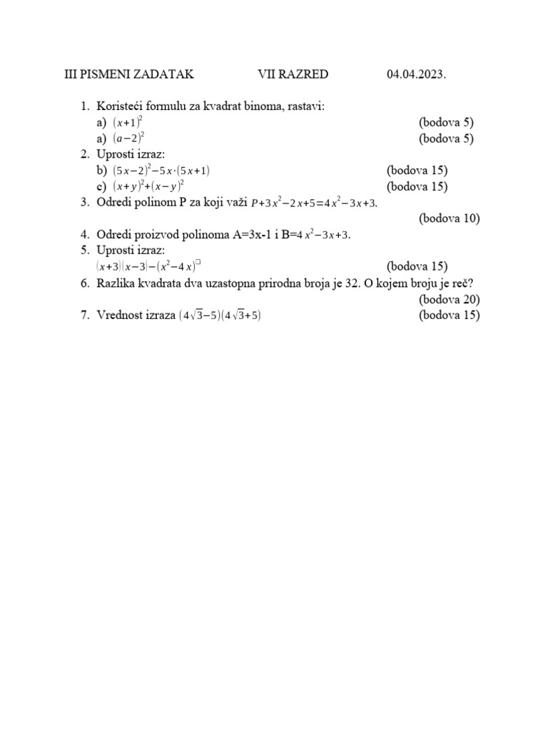 VII Razred III Pismeni | PDF