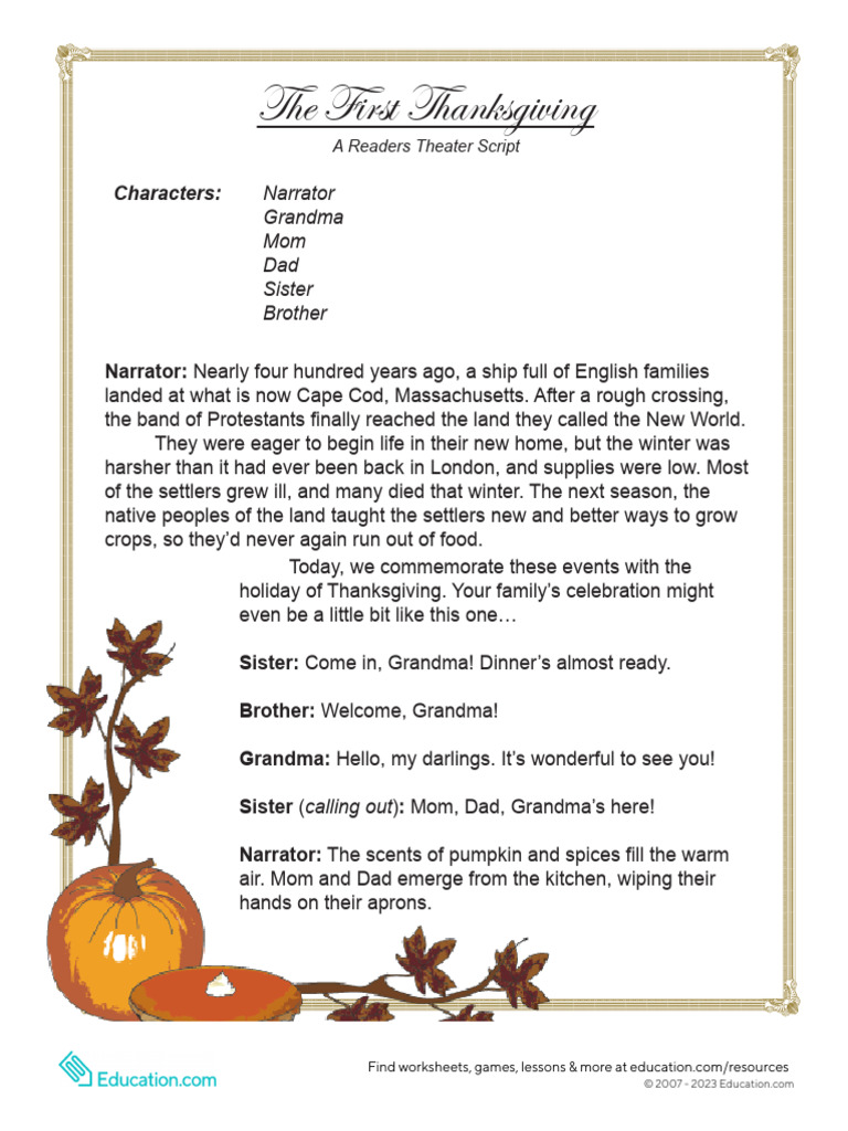 The First Thanksgiving Script Inlingua DC, Level 2, Autumn Session ...