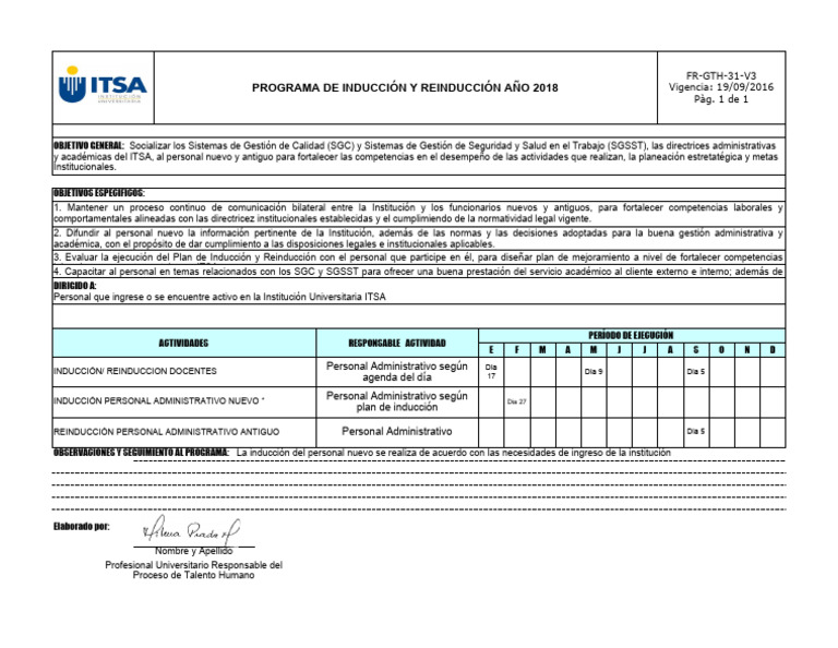 GTH Programa de Induccion y o Reinduccion V3 2018 | PDF | Sistema de manejo de calidad | Business