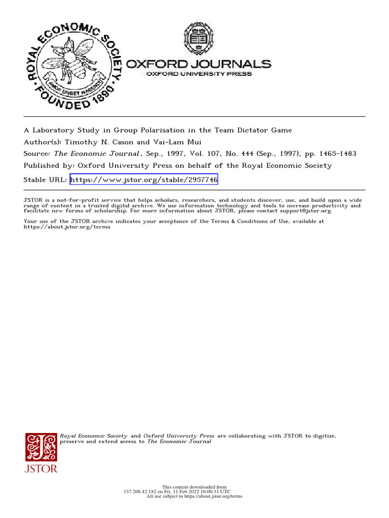 Cason Mui 1997 Lab Study in Group Polarization in The Team Dictator 2 ...