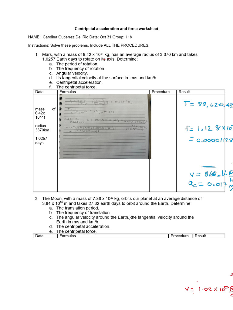 Carolina Fernandez Casio - Classwork III Centripetal Acceleration and Force | PDF | Acceleration ...