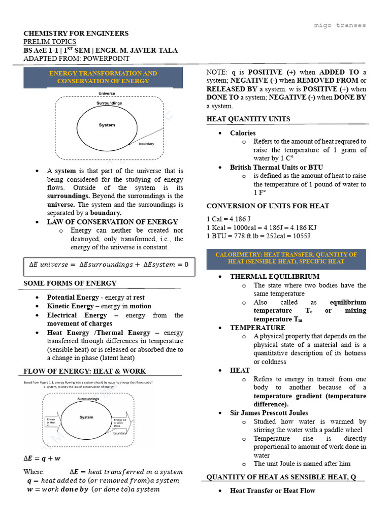 Chem Prelim Reviewer | PDF | Heat | Rechargeable Battery