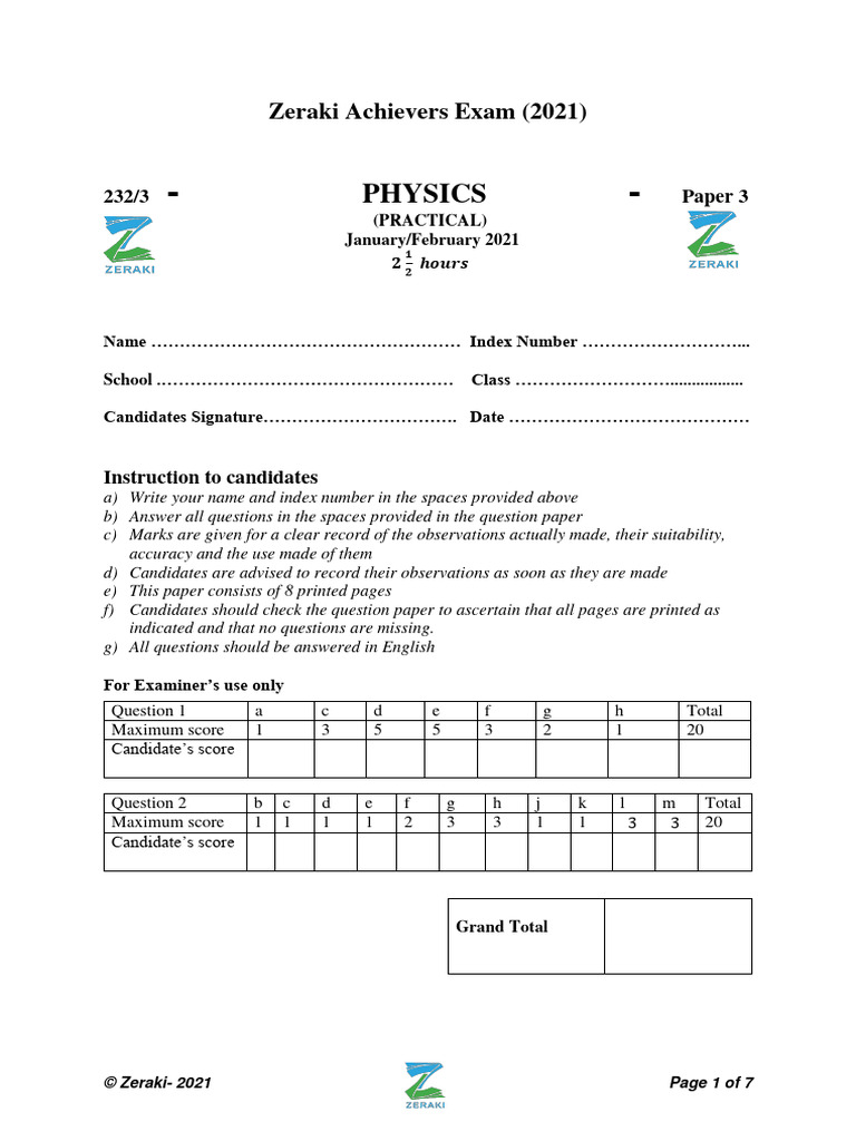Physics - Physics Form 3 Paper 3 Confidential Report - Zeraki Achievers ...