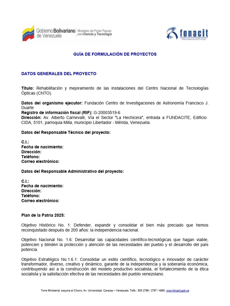 Proyecto CNTO - Formato FONACIT | PDF | Infraestructura | Innovación