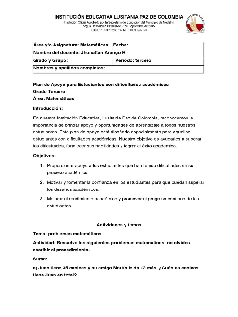 Plan De Mejoramiento Grado Tercero Matemáticas Tercer Periodo Pdf