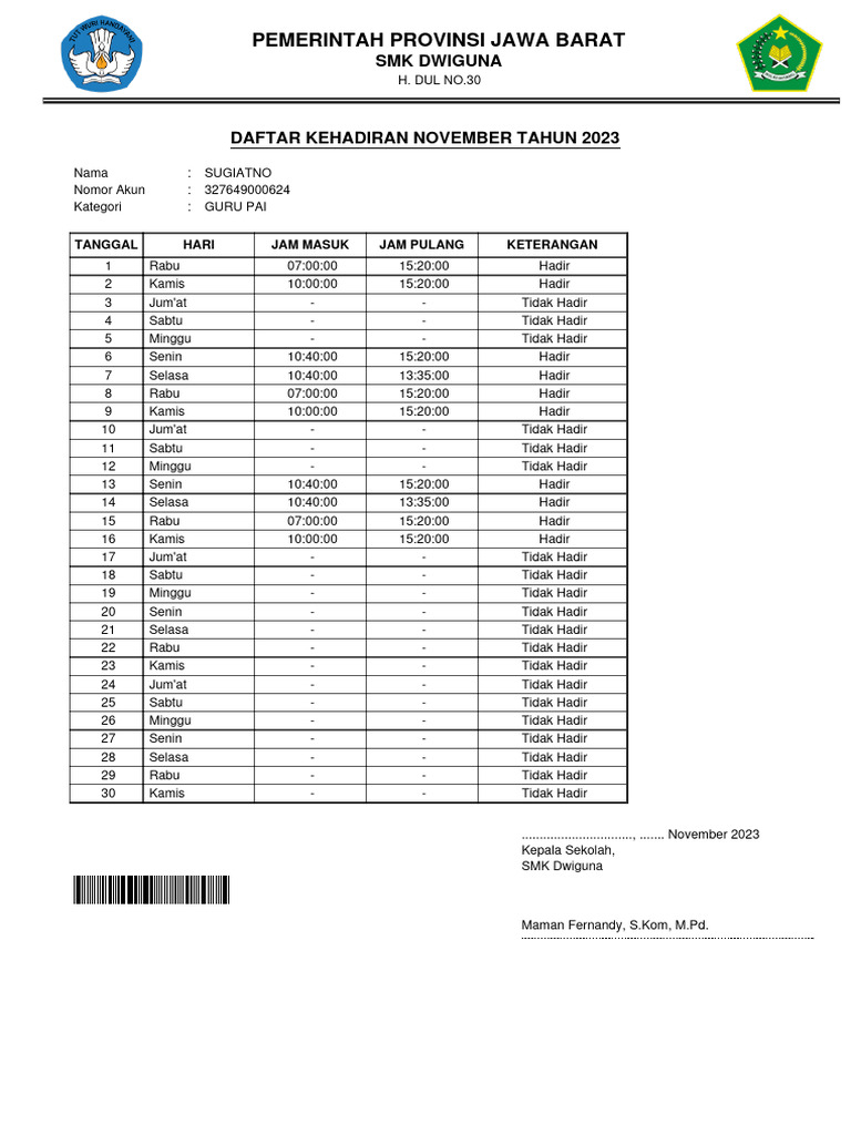 Absensi Kehadiran Guru Pai Bulan November 2023 | PDF