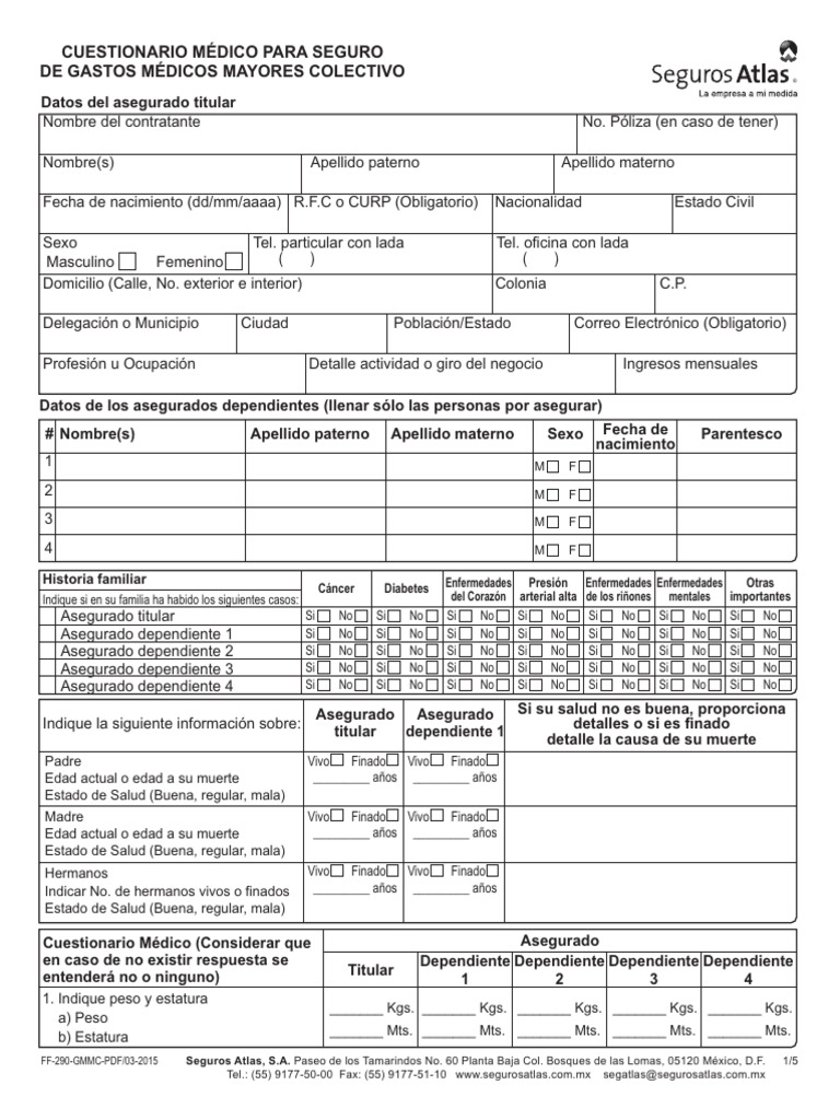 Cuestionario Médico para Seguro de Gastos Médicos Mayores Colectivo Ff-290 PDF | PDF | Póliza de ...