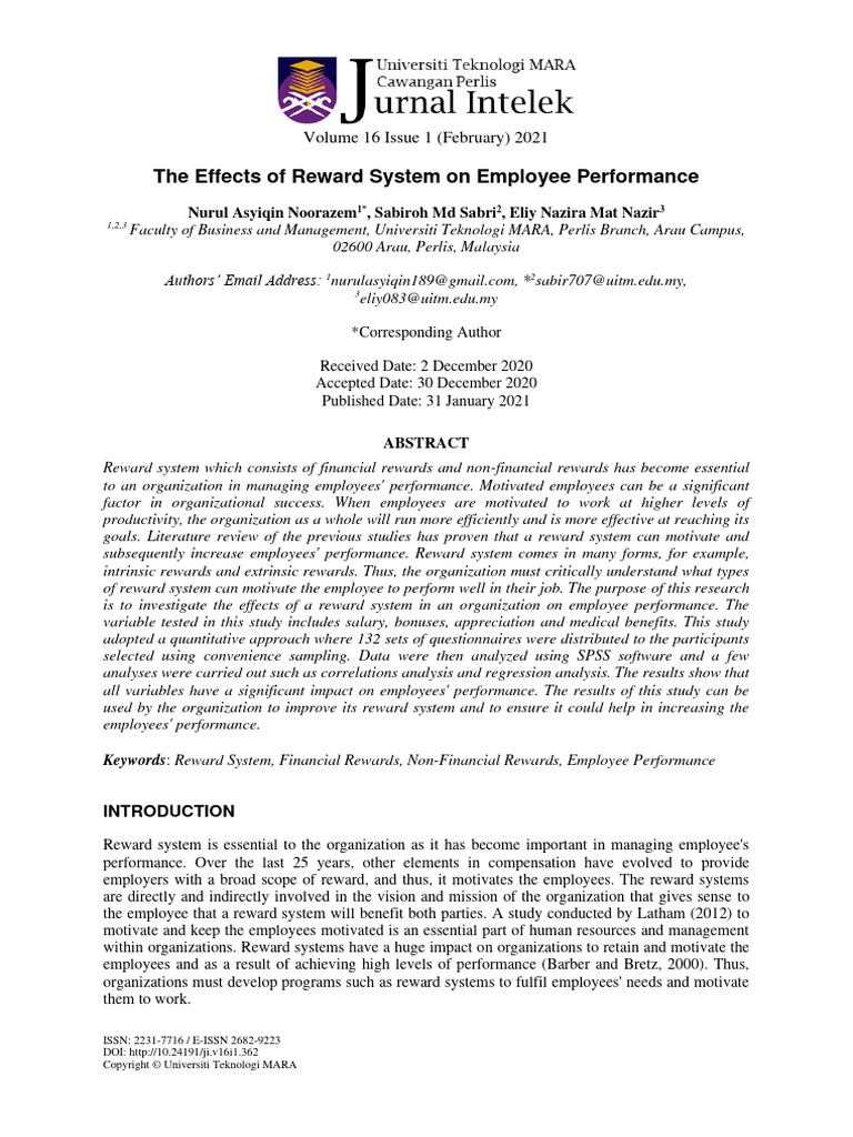The Effects of Reward System On Employee Performance | PDF | Coefficient Of Determination ...