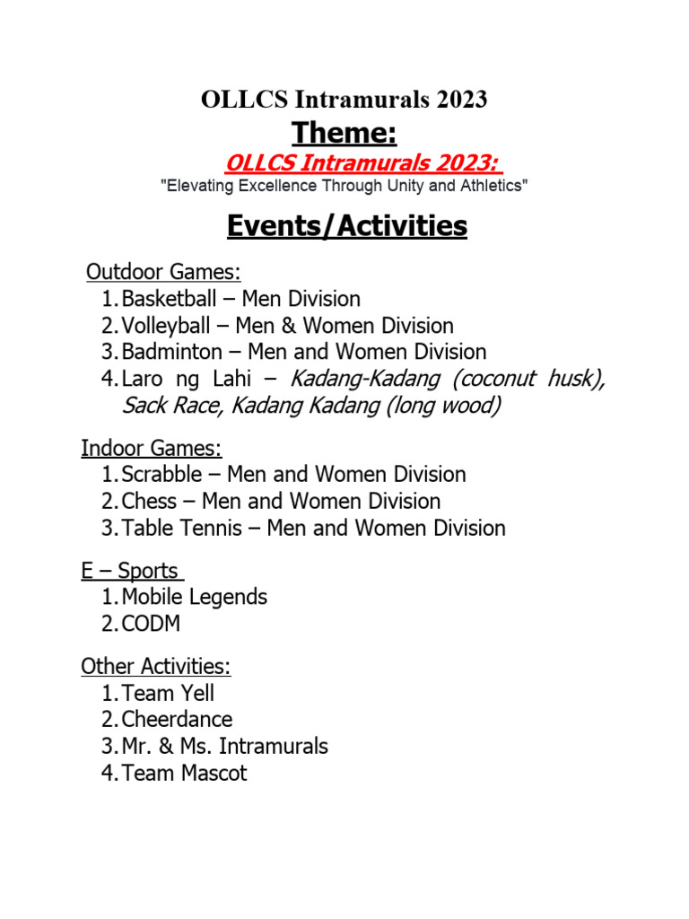 OLLCS Intramurals 2023 Manual - Teachers | PDF | Tournament | Gaming