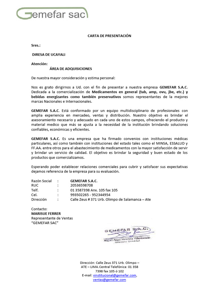 Carta de Presentacion Gemefar Diresa de Ucayali | PDF