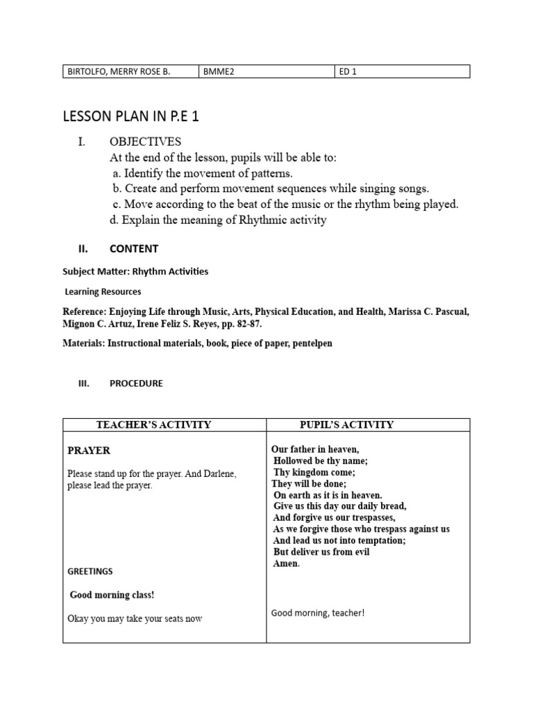 Lesson Plan | PDF | Teachers | Lord's Prayer