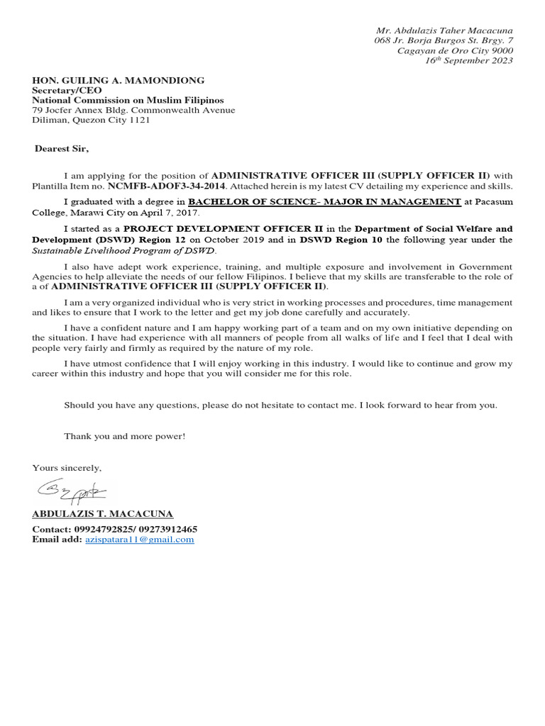 Letter of Application Adof3 34 Azzy | PDF