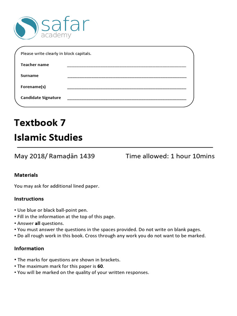 Safar Islamic Studies Exam Paper 7 | PDF | Hadith | Sharia