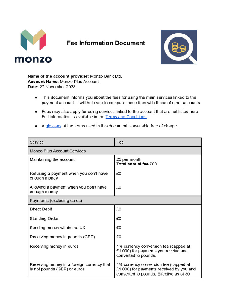 Monzo Plus Fee Information 1.4 | PDF | Overdraft | Cash