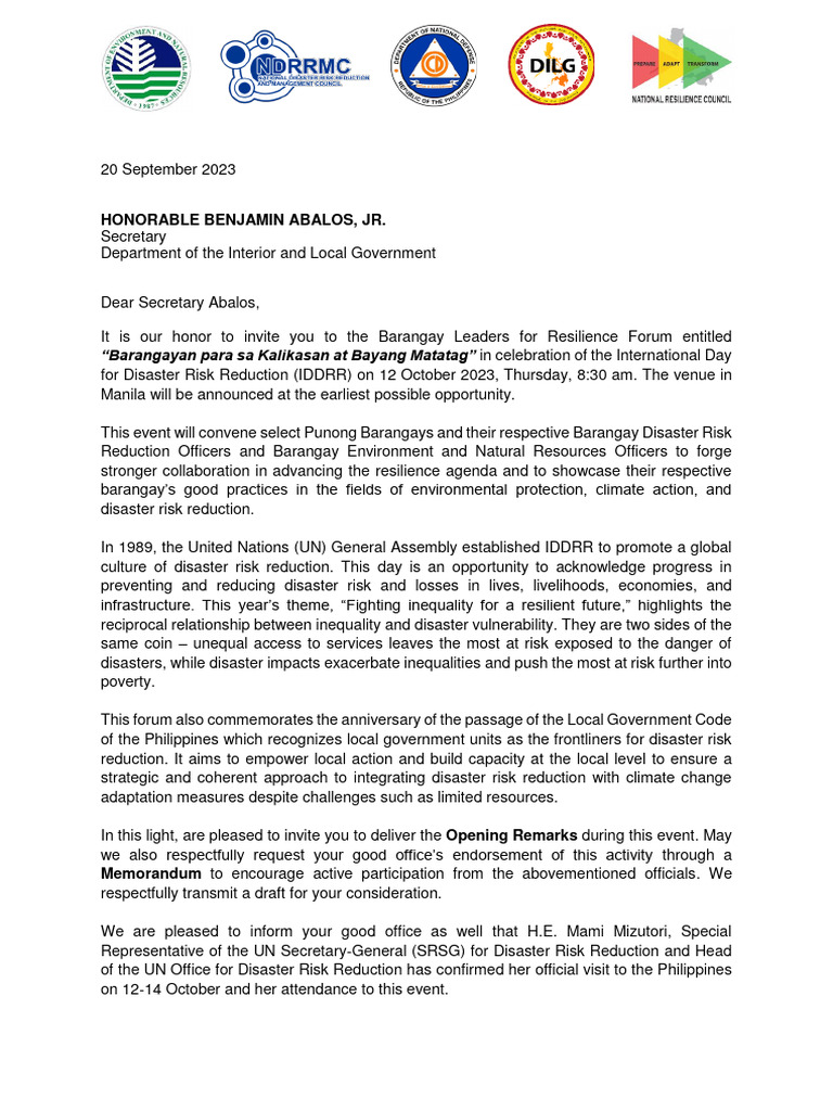 Barangay Leaders For Resilience Forum Invitation Letter To SILG Benhur ...