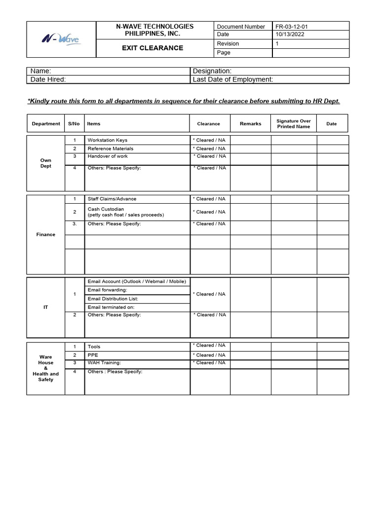 FR-03-12-01 Exit Clearance Form Rev.01 | PDF | Business