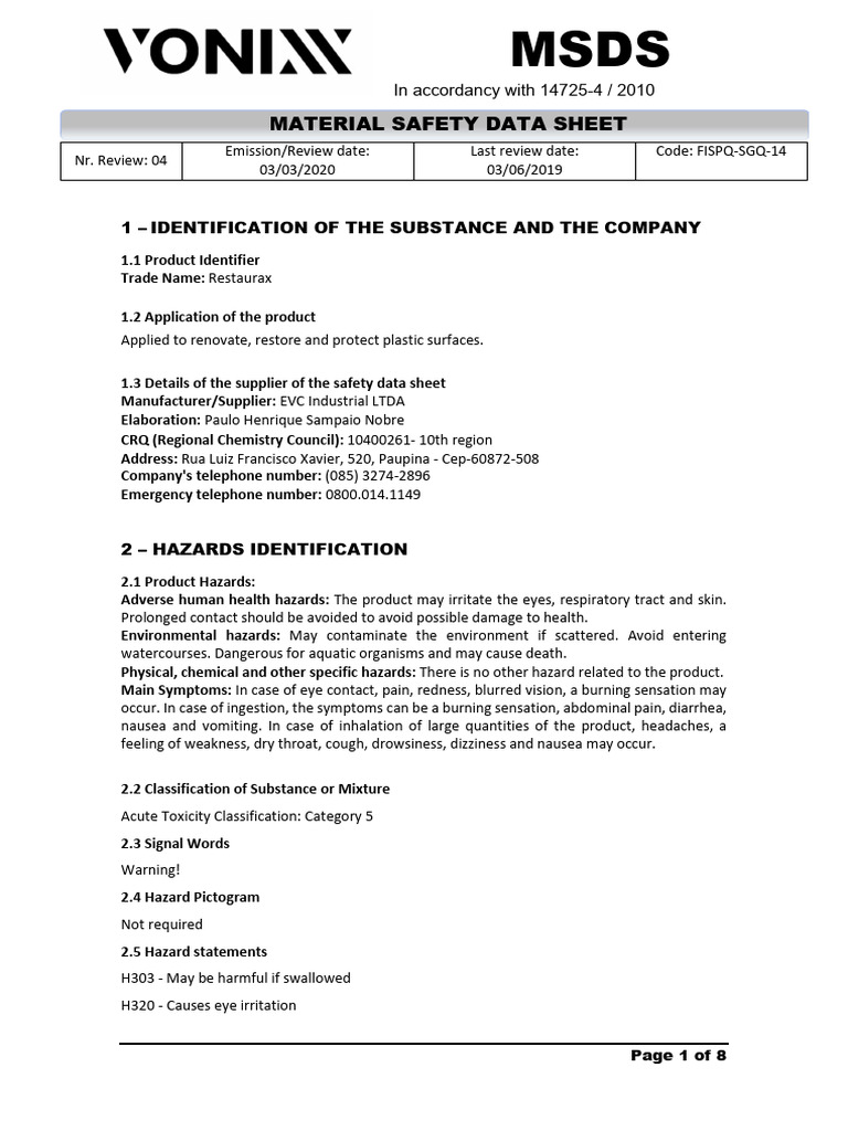 Restaurax Msds SGQ 14 | PDF | Toxicity | Dangerous Goods