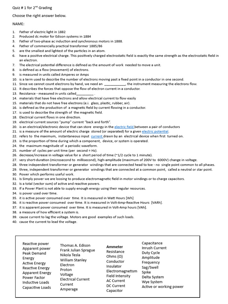 1st Quiz 2nd Grading | PDF | Ac Power | Electric Current