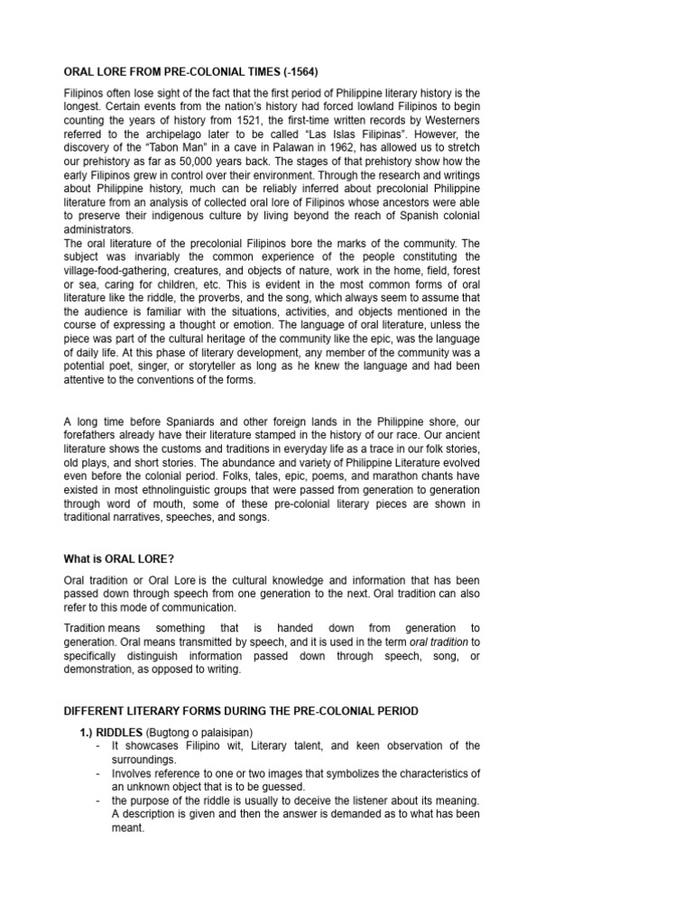 GROUP 1 - ORAL LORE To PRECOLONIAL TIMES (1564) | PDF | Legends | Philippines