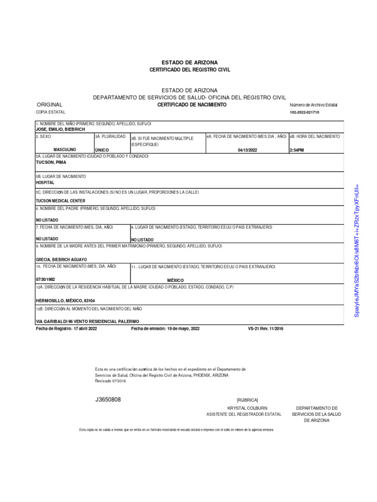 Acta de Nacimiento de Arizona Traducida | PDF