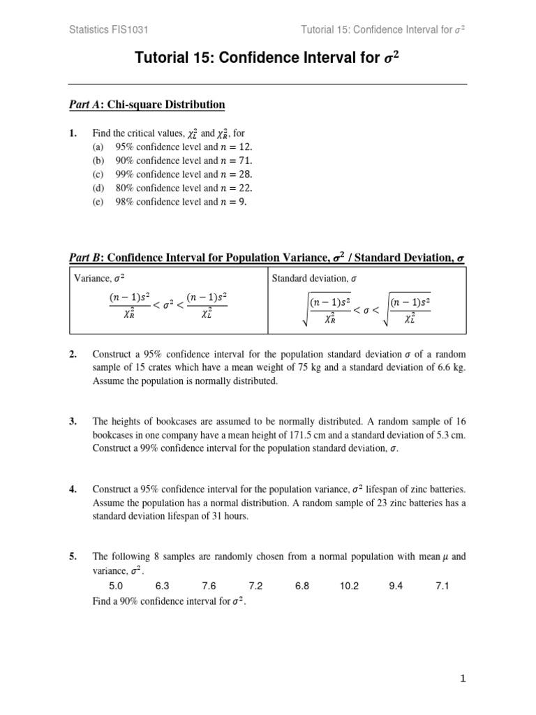 Tutorial 15 Confidence Interval (Variance) | PDF | Confidence Interval | Variance