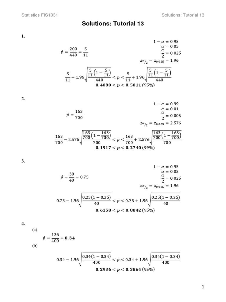 Tutorial 13 Confidence Interval (Proportion) - SOLUTIONS | PDF | Statistical Analysis | Teaching ...