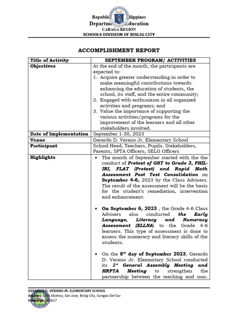Sep Accomplishment Report | PDF | Human Communication | Cognition