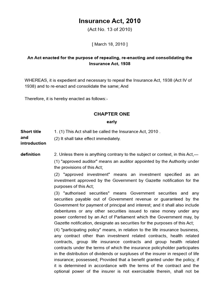 Insurance Act, 2010 | PDF | Insurance | Reinsurance
