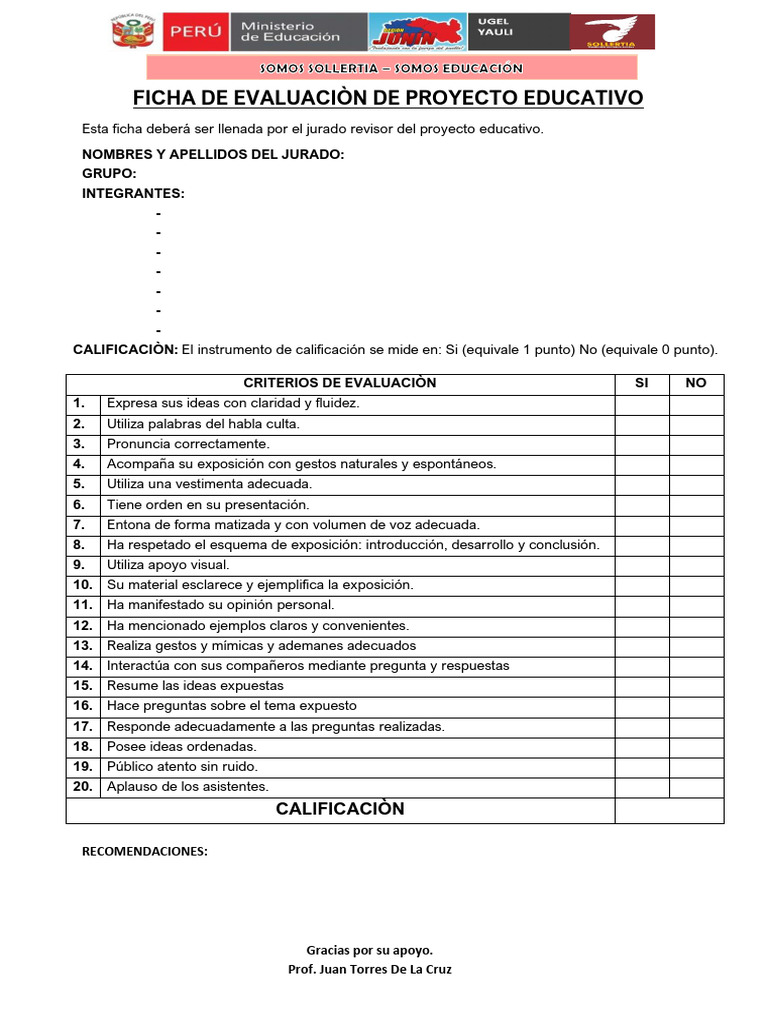 FICHA DE EVALUACIÒN DE PROYECTO EDUCATIVO | PDF