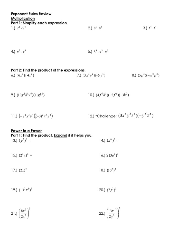 Exponent Worksheet Review | PDF