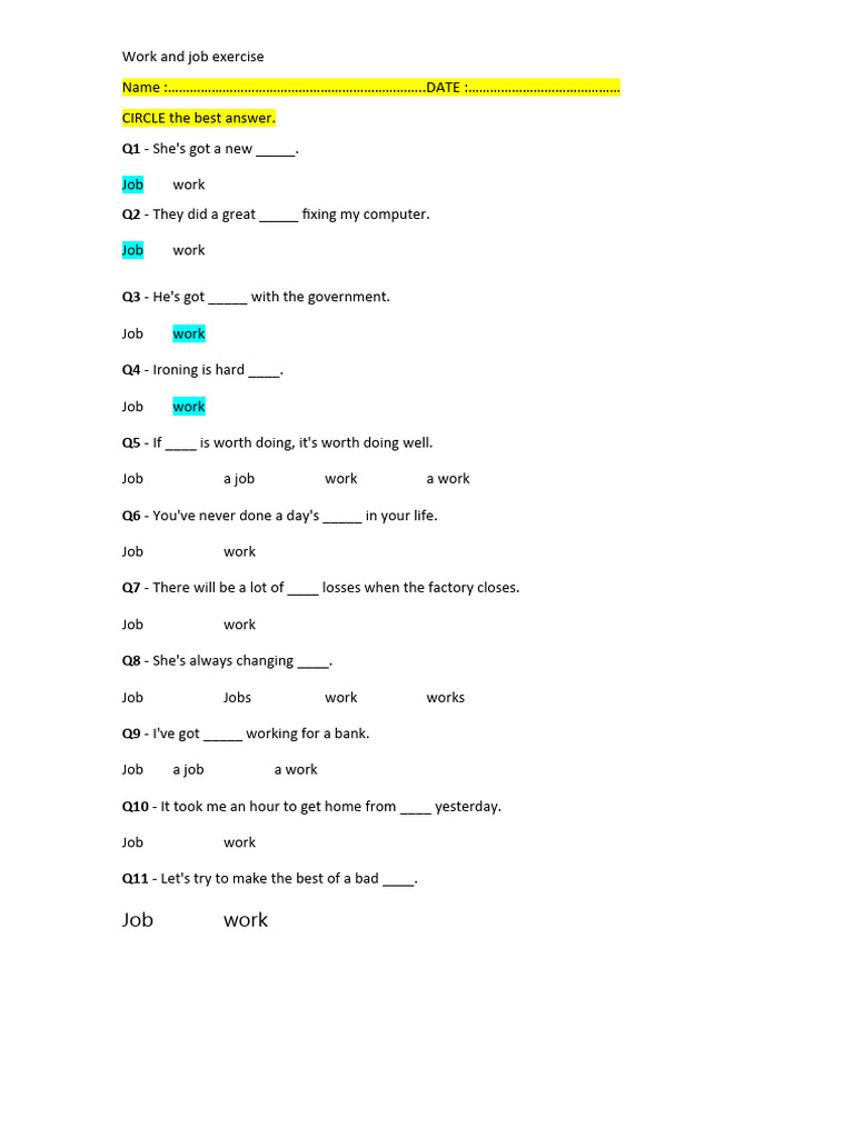 Work and Job Exercise | PDF | Teaching Methods & Materials