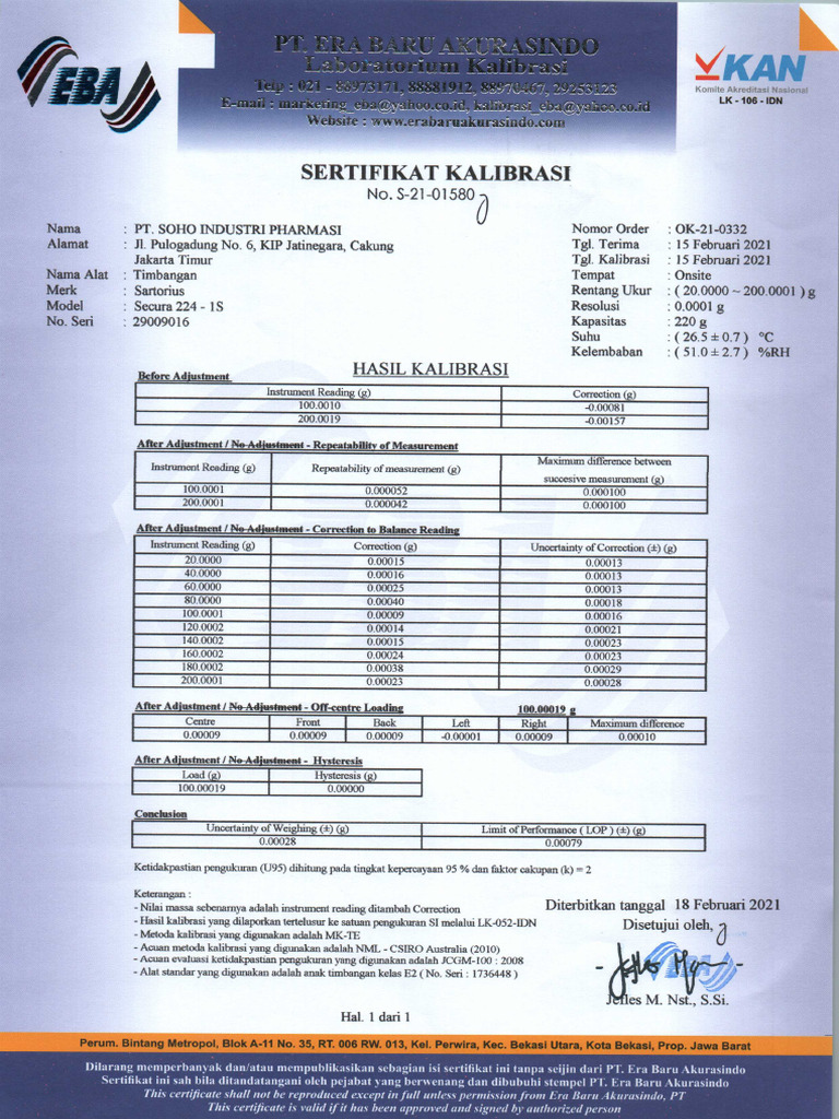Contoh Sertifikat Kalibrasi Timbangan | PDF