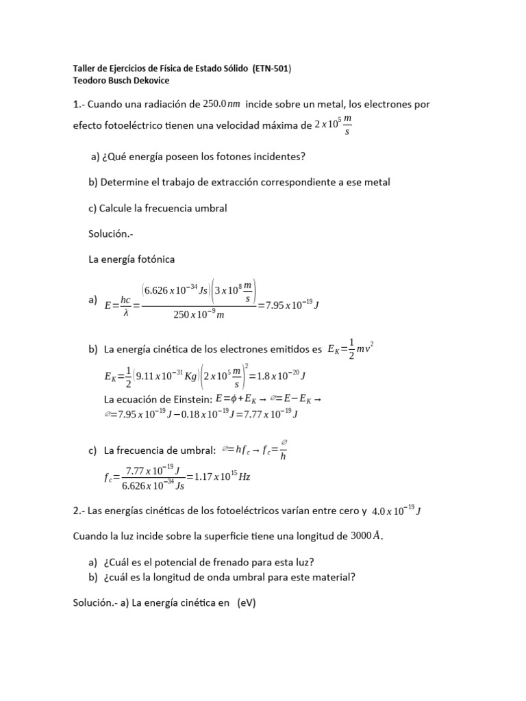 Taller de Ejercicios de Física de Estado Sólido | PDF | Electronvoltio | Electrón