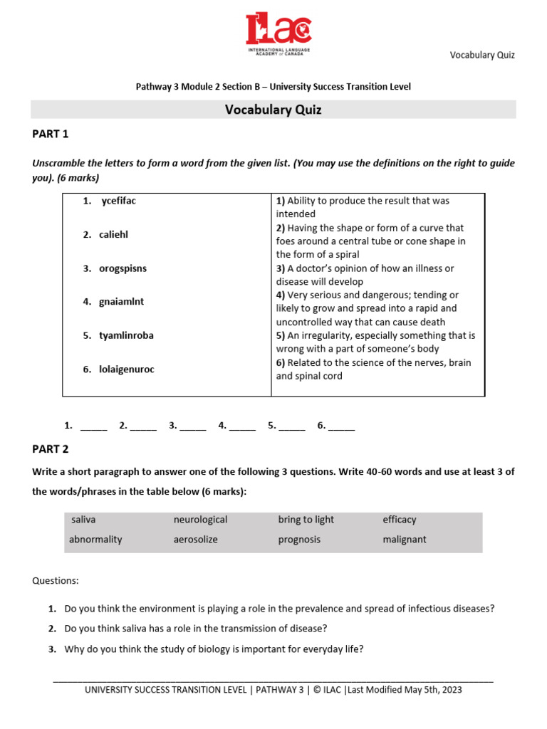 Pathway 3 Module 2 Section B - Vocabulary Quiz | PDF | Cancer | Therapy
