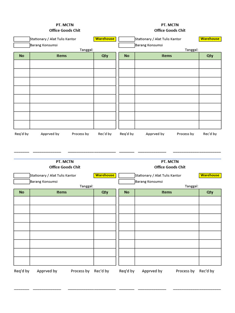 PT. MCTN Office Goods Chit Template | PDF | Finance & Money Management ...