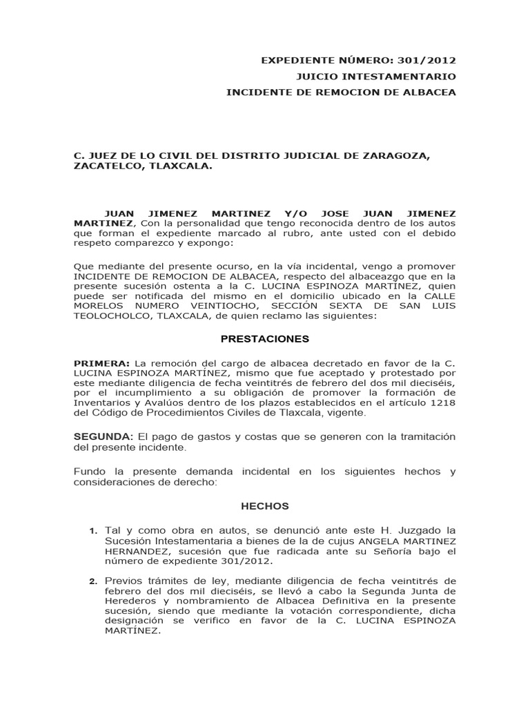 Incidente de Remocion de Albacea Definitivo - Formato Terminado. | PDF ... Incidente de Remocion de Albacea Definitivo - Formato Terminado. | PDF ...