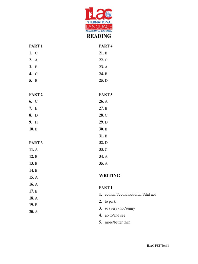 PET Practice Test 1 Answer Key | PDF