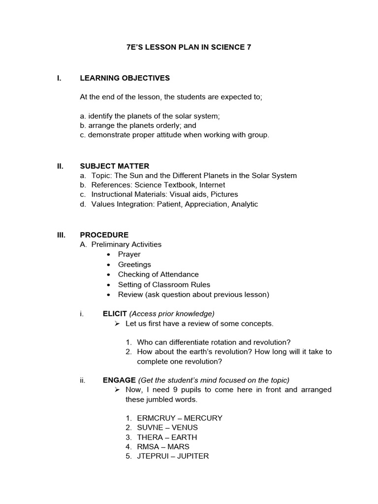 7e's Science Lesson Plan | PDF | Planets | Solar System